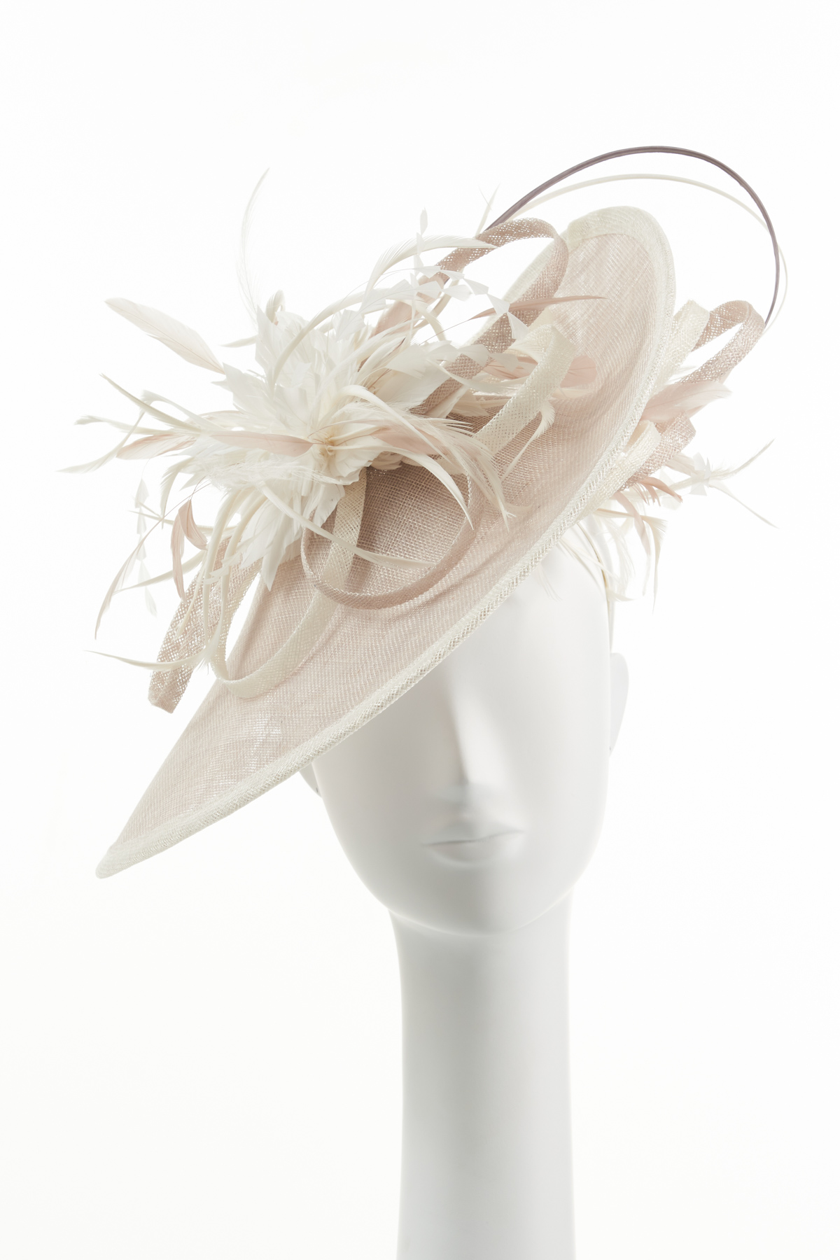 Sinamay Loop Hat with Feathers in Pebble and Ivory | Joyce Young